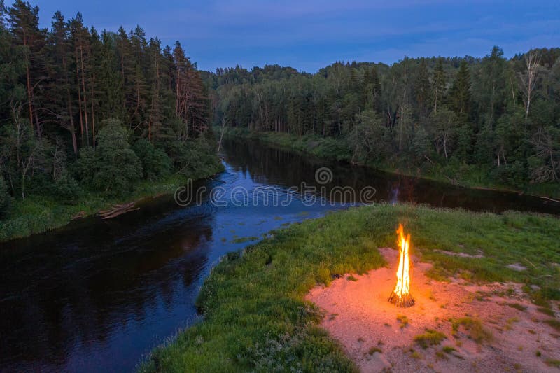 Landscape of Forest and River at Night. Huge Fire. Midsummer. Stock ...