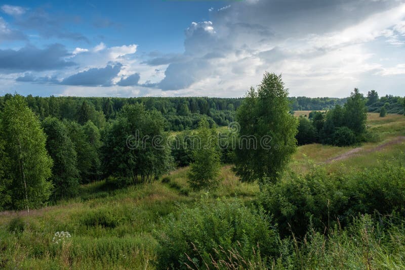 Landscape with Forests and Small Meadows and a Beautiful Cloudy Sky ...