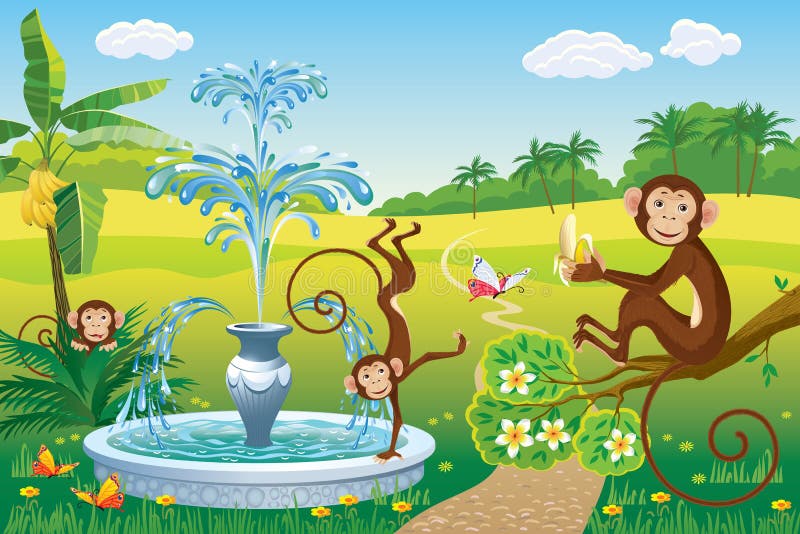 Landscape with a Fountain and a Monkey Stock Illustration ...