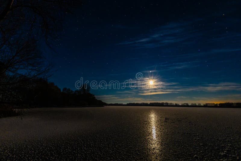 Landscape on a Frozen Lake at Night Stock Photo - Image of frozen ...