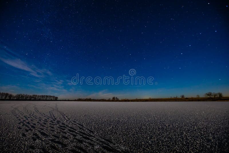 Landscape on a Frozen Lake at Night Stock Image - Image of dock, angara ...