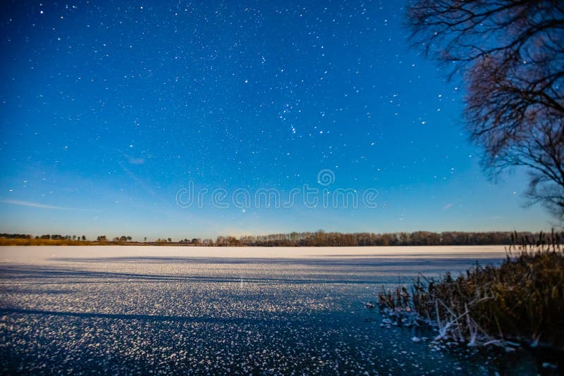 Landscape on a Frozen Lake at Night Stock Photo - Image of cold ...