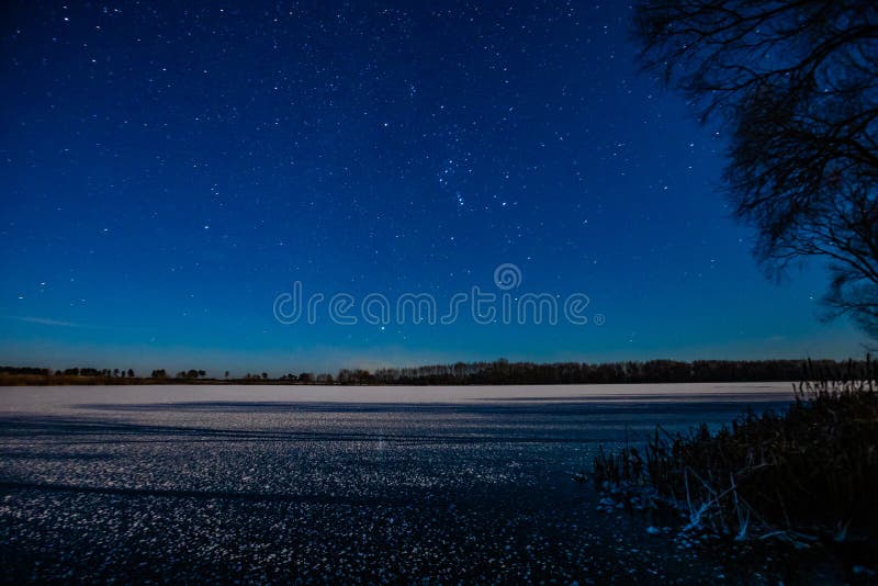 Landscape on a Frozen Lake at Night Stock Image - Image of evening ...