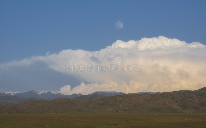 Landscape with Full Moon Over Mountains, Fields and Clouds Stock Image ...