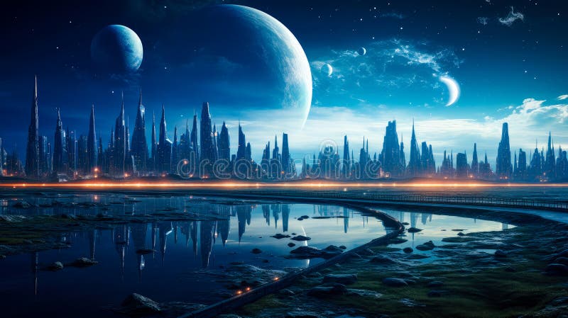 Landscape of the Futuristic City on Alien Planet Stock Illustration ...