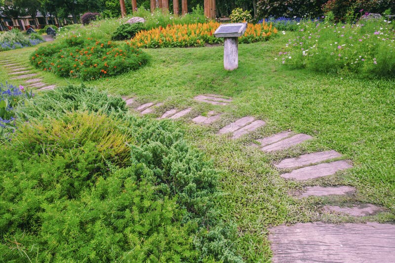 Landscape Garden Flower and Walkway Stock Image - Image of park ...