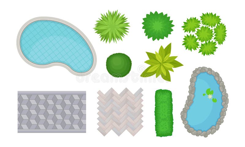 Landscape Gardening Elements with Bushes and Pool Top View Vector Set ...