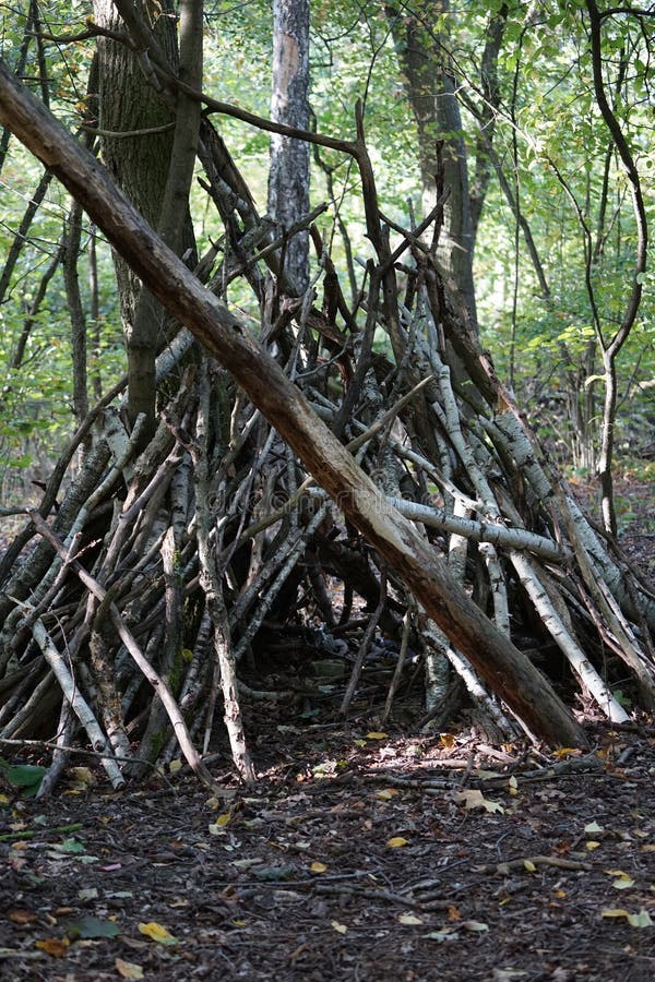 A Hut Made of Tree Branches in the Autumn Forest. Berlin, Germany Stock ...
