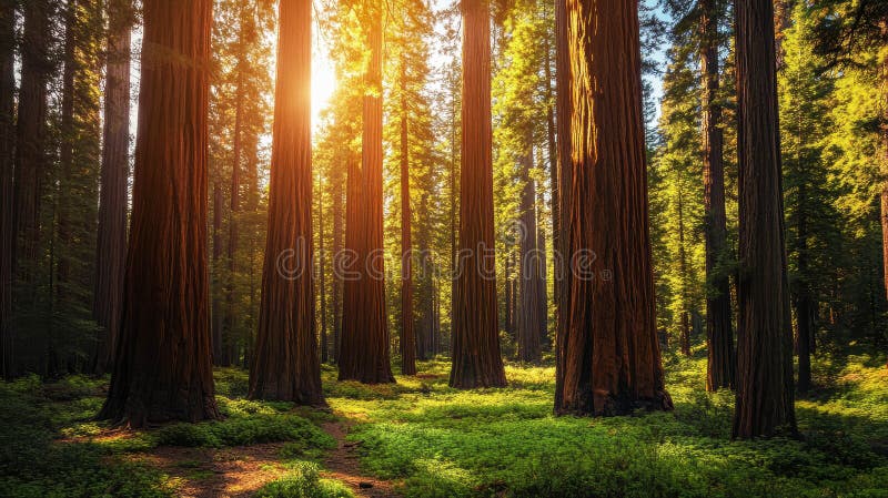 Landscape of Giant Sequoia Trees with Sunlight Stock Illustration ...