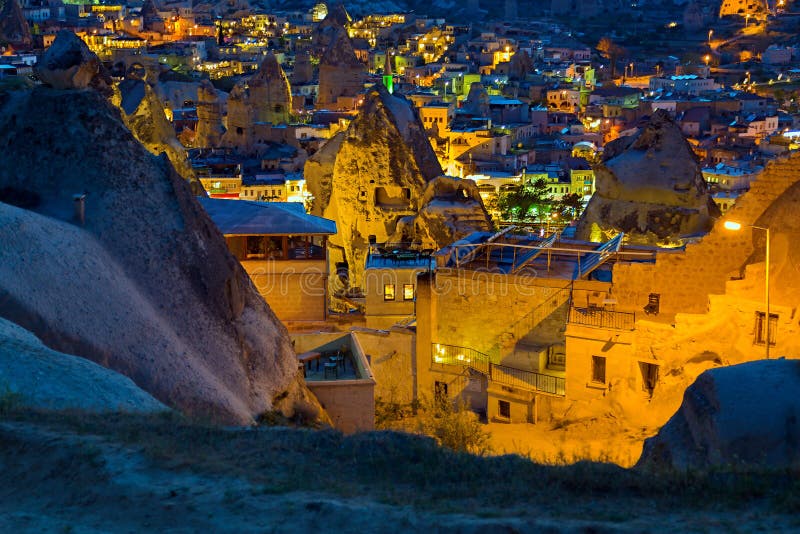 Night Goreme Cappadocia Turkey Stock Photo - Image of landmark, middle ...