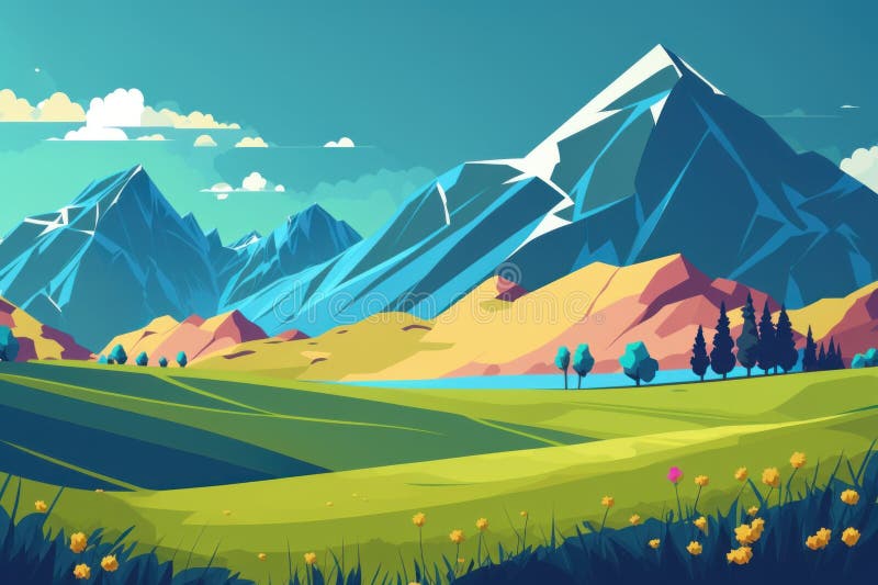 Landscape of Grass Field with Mountain and Blue Sky in Vibrant Color ...