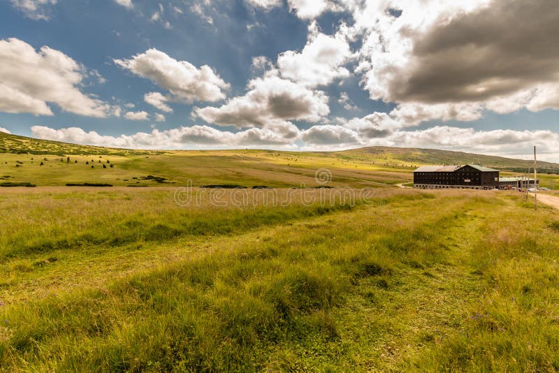 Landscape with Grass Field and Nice Clouds in Krkonose in Czech ...