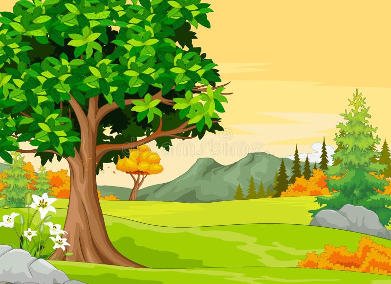 Landscape Grass Field View with Trees and White Flowers Cartoon Vector ... Landscape Grass Field View with Trees and White Flowers Cartoon Vector ...