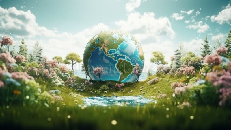 Landscape with Green Grass Surface and Trees, Mountains. Earth Globe ...