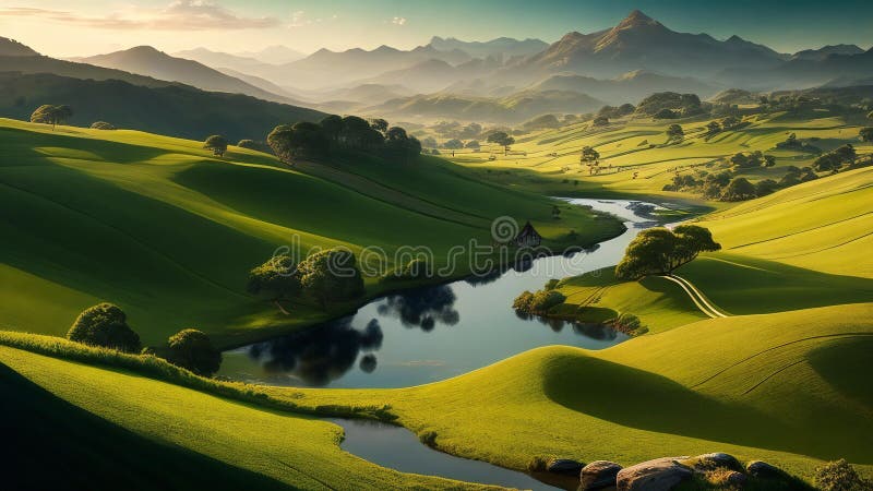 Landscape with Green Hills and River at Sunset. 3d Render Stock ...