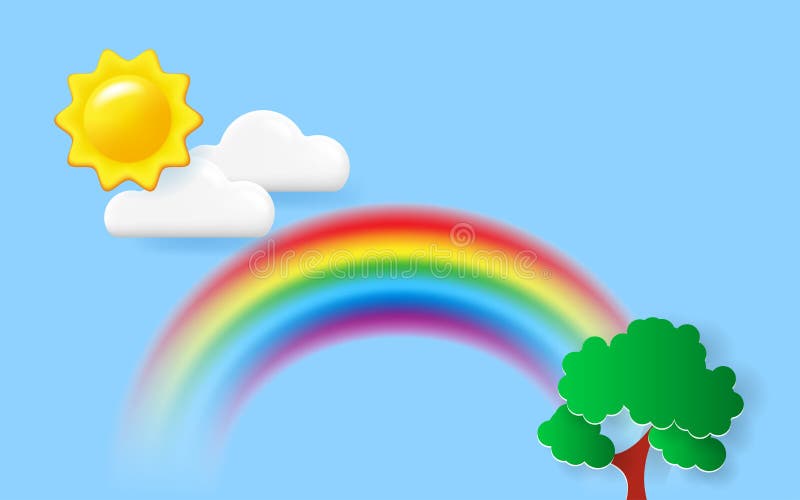 Landscape with Green Tree, Rainbow, Sun and White Clouds Stock Vector ...
