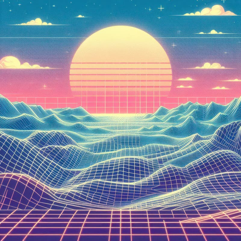 Landscape with Grid and Sunset in Retro Style. Stock Photo - Image of ...