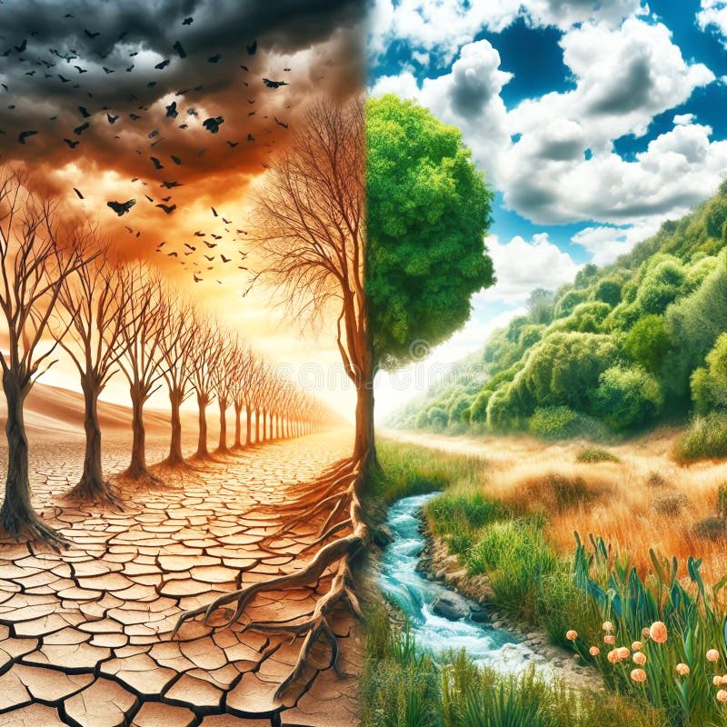 Landscape with Half Dry Trees and the Other Half Lush. Environment and ...