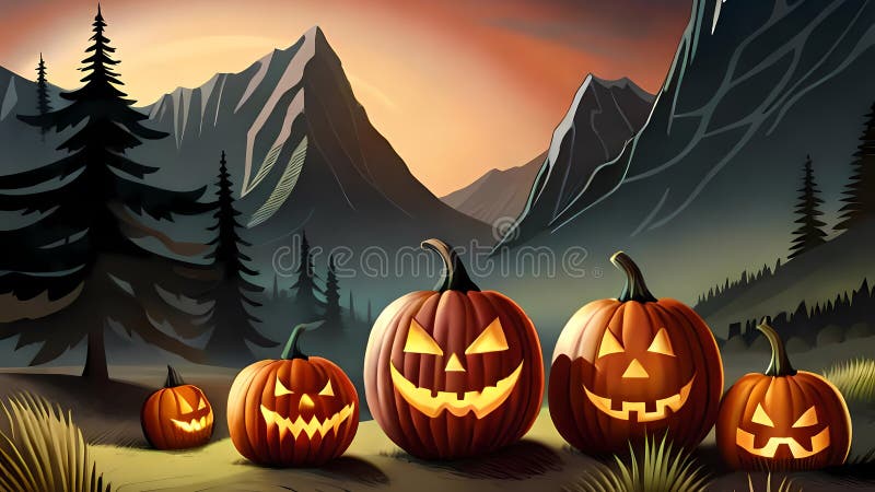 Landscape with Halloween Pumpkin Lanterns Stock Illustration ...