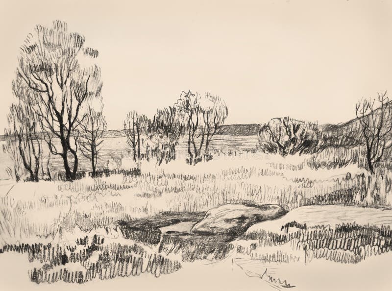 Landscape. Hand drawing stock illustration. Illustration of nature ...