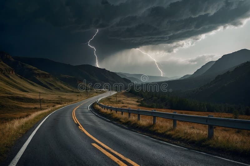 A Landscape of a Highway Road with Clouds and Lightnings Stock ...