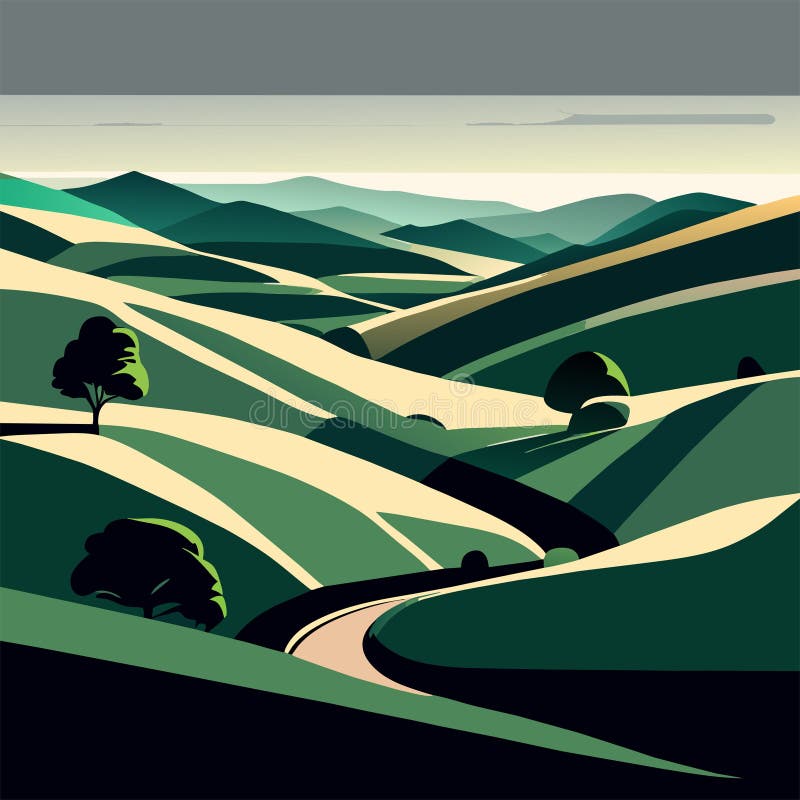 Landscape of Hills and Fields. Vector Illustration in Flat Style Stock ...