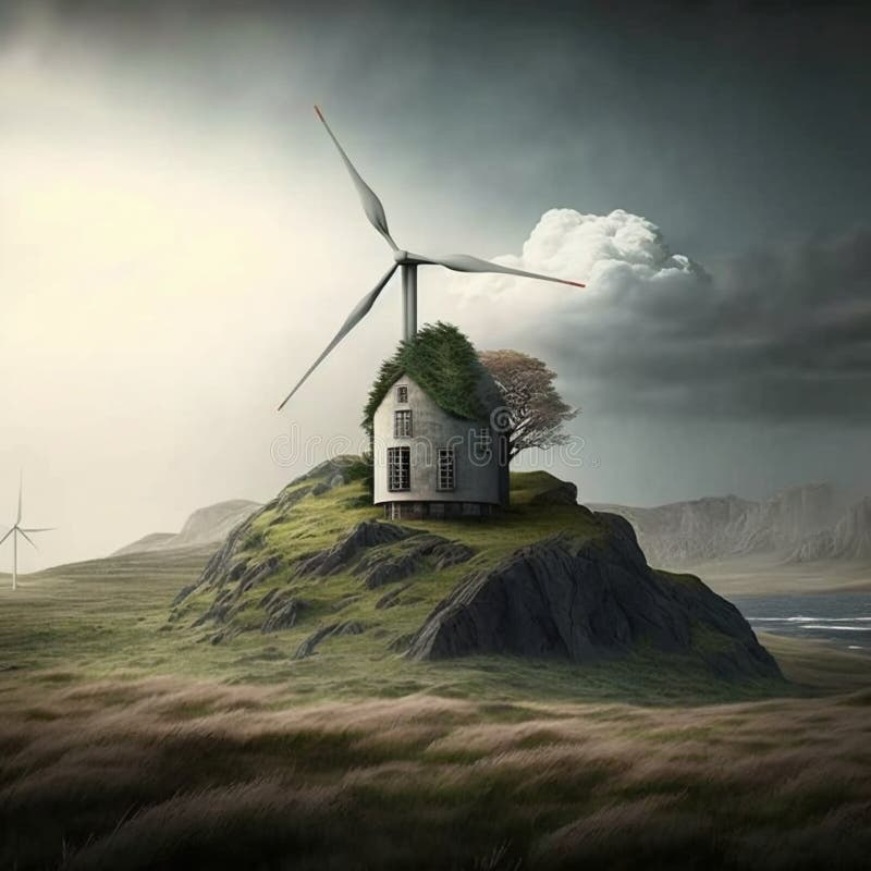 Landscape with a Home Wind Turbine. Generative AI Stock Illustration ...
