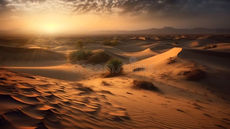 Landscape of a Hot Desert with Sandy Wave in the Evening Stock ...