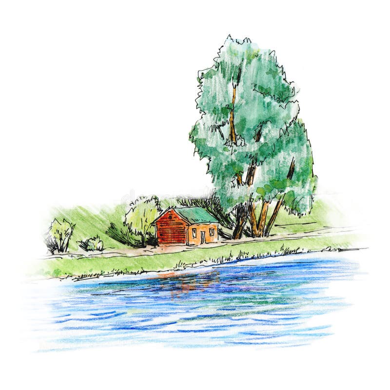 Landscape. House, Tree and River Stock Illustration - Illustration of ...