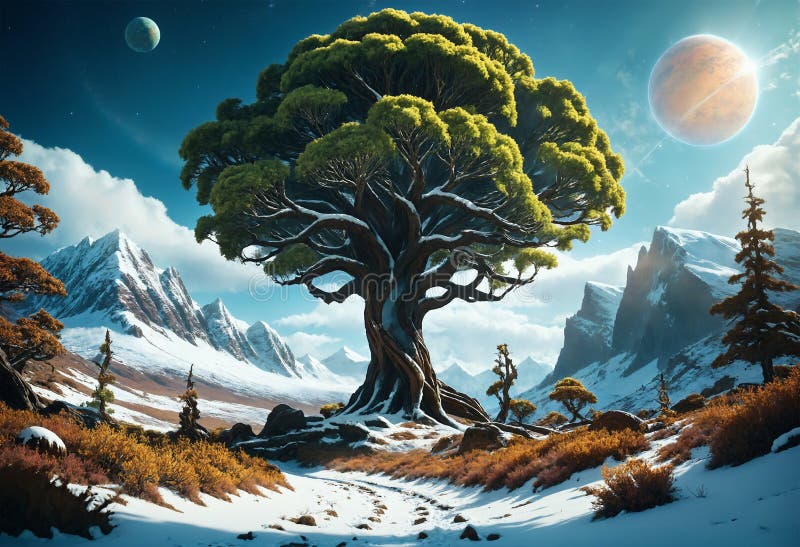 Landscape with a Huge Tree on an Alien Planet with Two Moons in the Sky ...