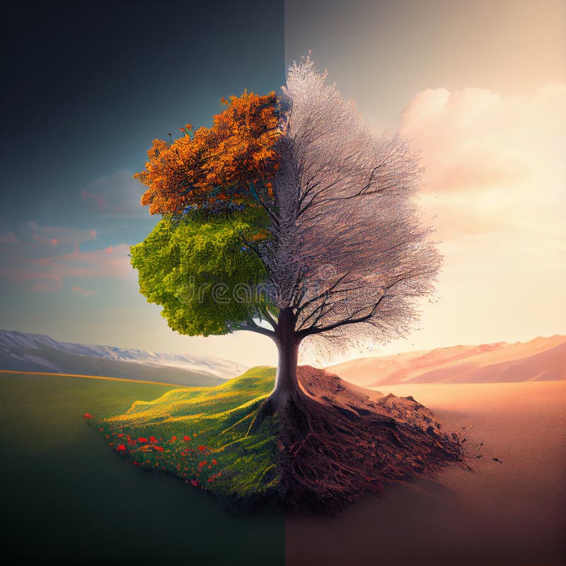 A Landscape with a Huge Tree, the Evolution of Seasons Stock ...