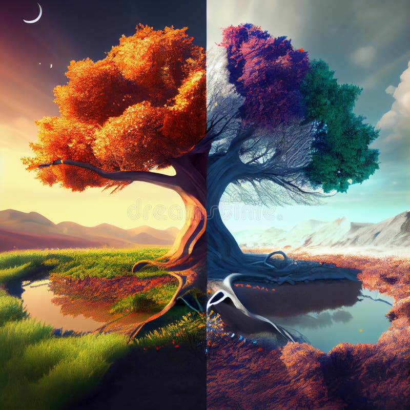 A Landscape with a Huge Tree, the Evolution of Seasons Stock ...
