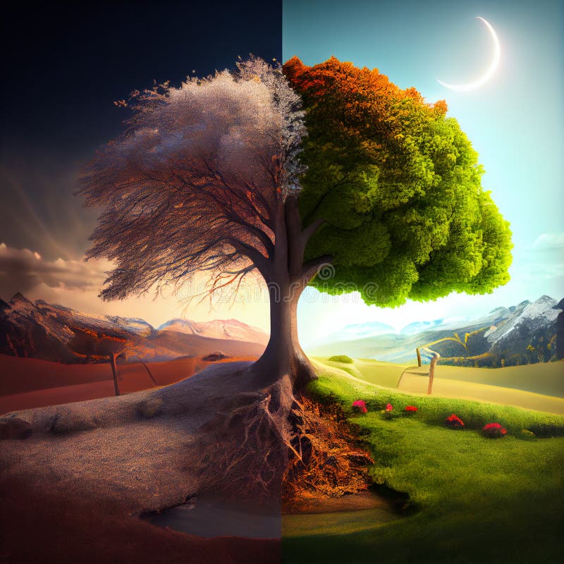 A Landscape with a Huge Tree, the Evolution of Seasons Stock ...