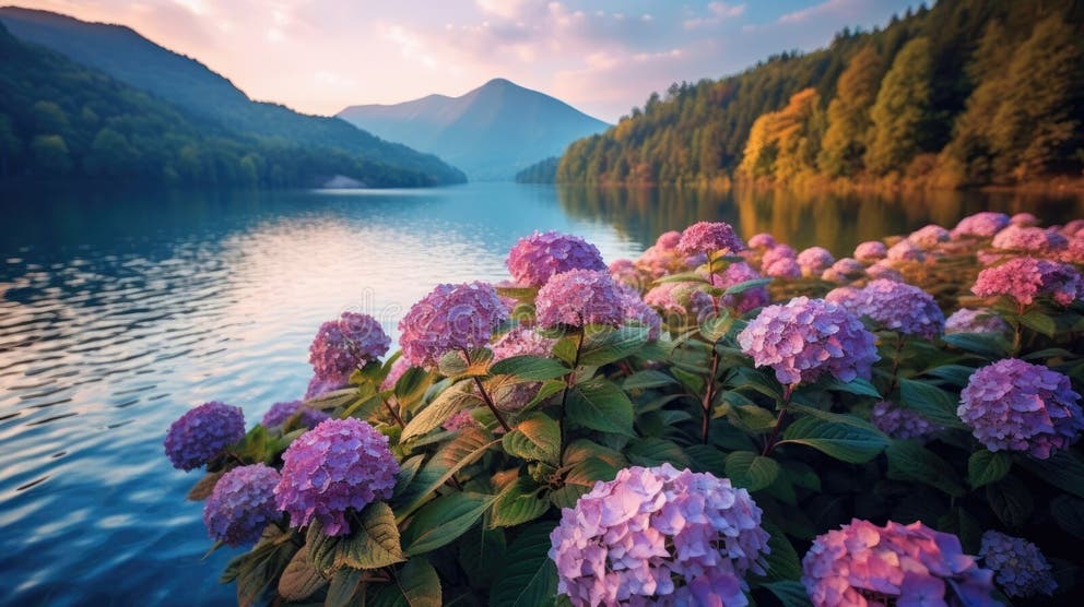 A Landscape of Hydrangea Fields by the Lake in Natural Light, Sunlight ...