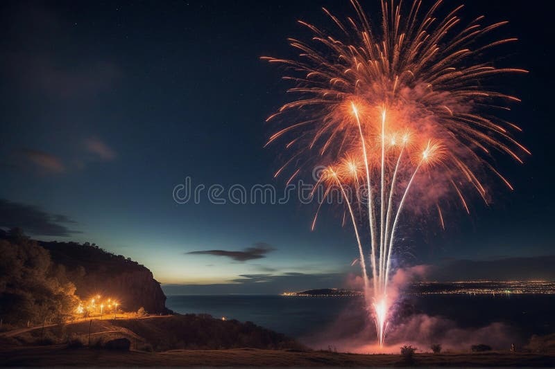 Landscape with Illuminated Fireworks in the Night Sky,ai Generated ...