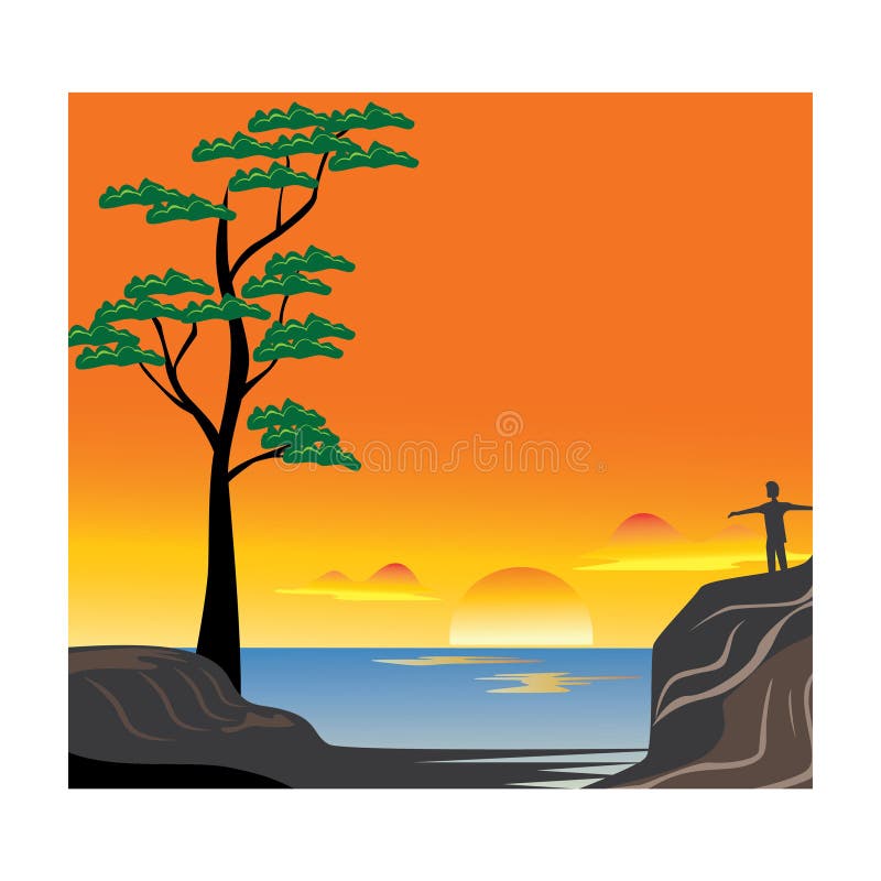 Landscape Illustration Background Design Sunset Beach Trees Lighting ...
