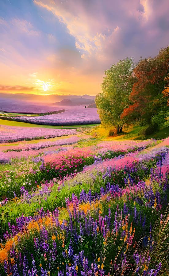 Illustration of Colorful Flower Fields Stock Photo - Image of meadow ...