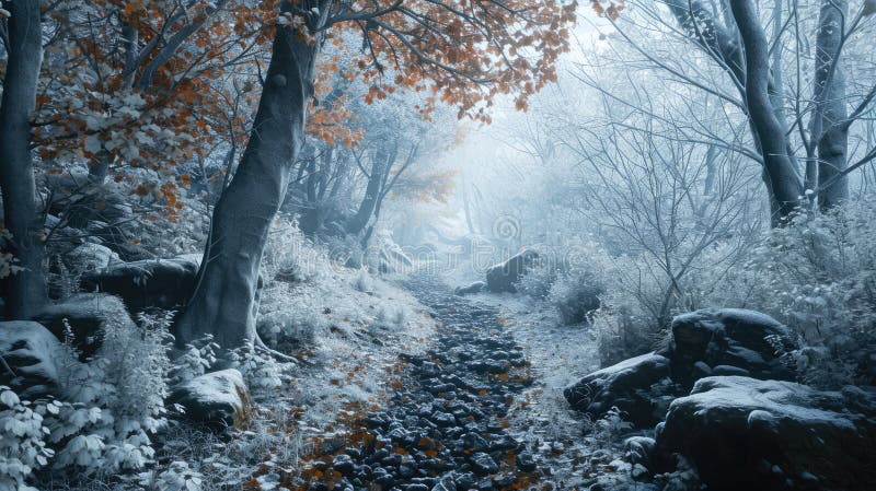 A Cold Freezing Path through a Dense Forest Stock Illustration ...