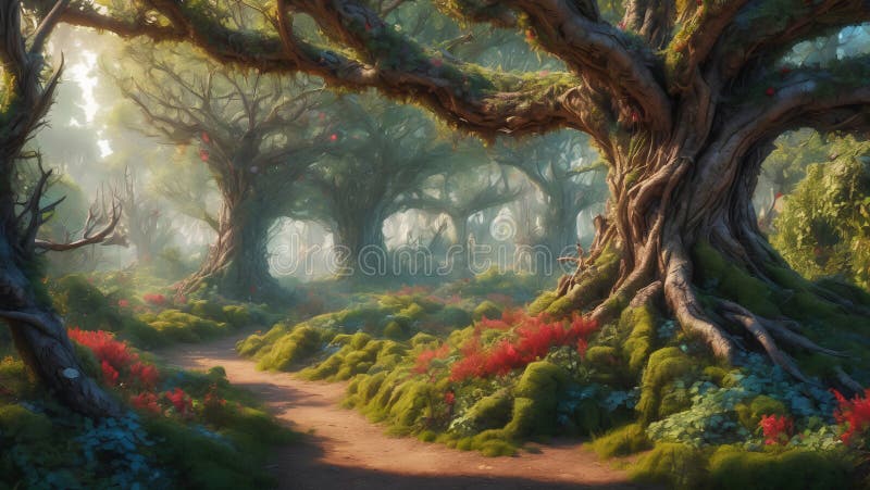 Landscape Illustration of Fairytale Forest with Flowers Stock ...