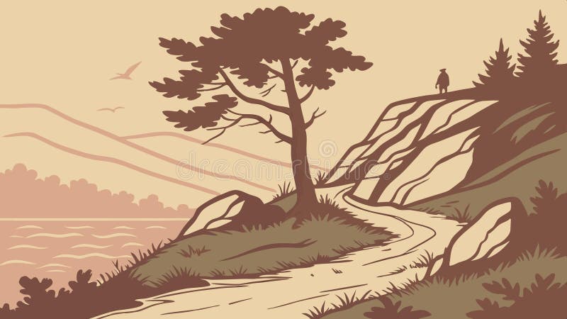 Landscape Illustration with Lone Tree Dirt Path and Distant Hills ...
