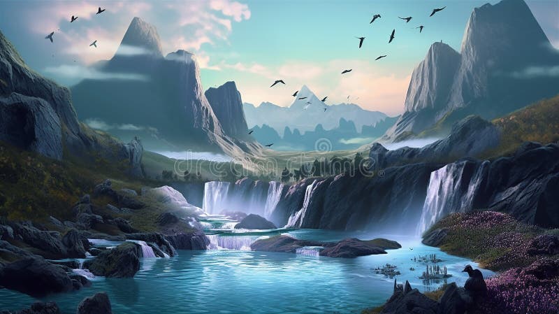 Landscape Illustration with Waterfall, Forest, Mountains, Flying Birds ...