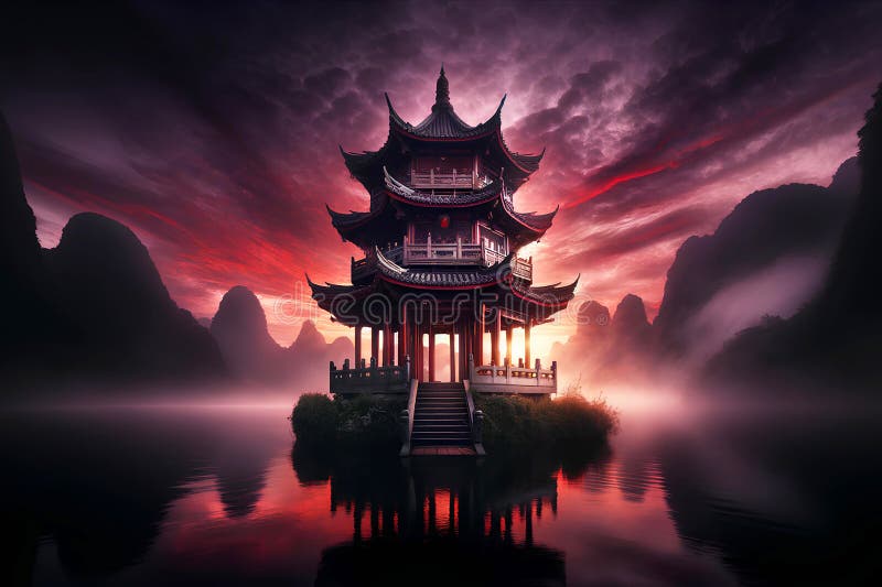 Landscape Image of a Chinese Pagoda at Sunset Stock Illustration ...