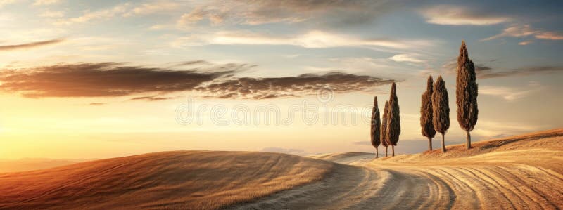 Landscape Image of Hills with Tree Cypress Trees Off Center Stock ...