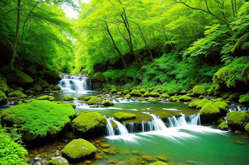 A Green Stream and Waterfall. Stock Illustration - Illustration of ...