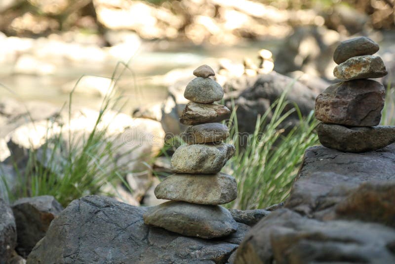 Stack Rocks Along Creek Cool Tranquil Water Background Stock Photos ...
