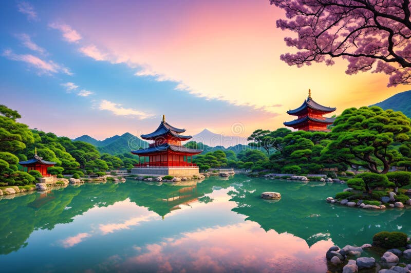 The Temple Has a Nice View. Stock Illustration - Illustration of asian ...