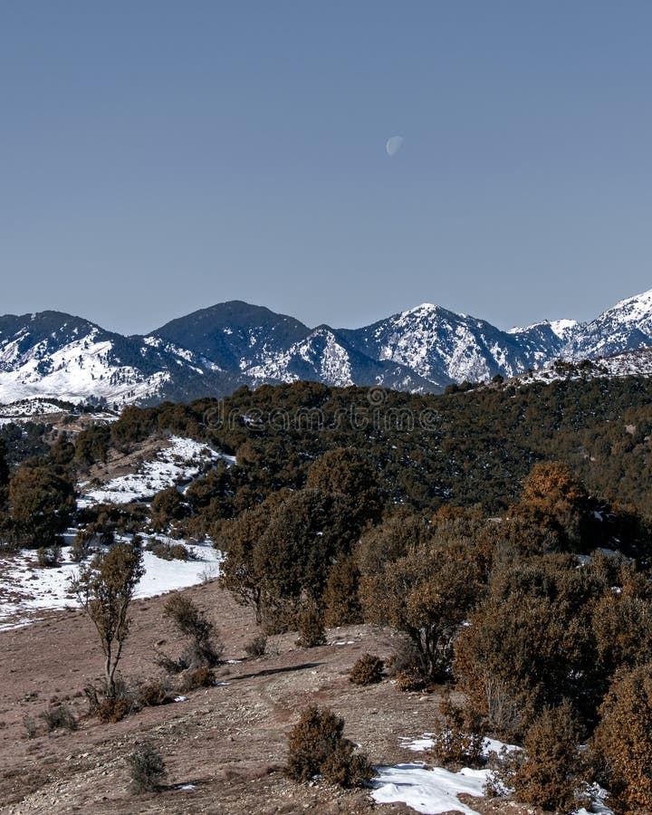 Landscape Image of a Valley Leading To Snow Covered Mountains with Moon ...