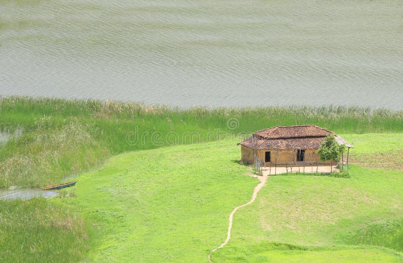 Landscape with a Isolated Hut, a Boat and Water Stock Image - Image of ...