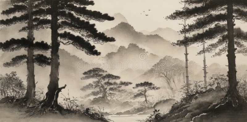 Landscape of Japanese Forest and Mountains. Stylized Painted Forest ...