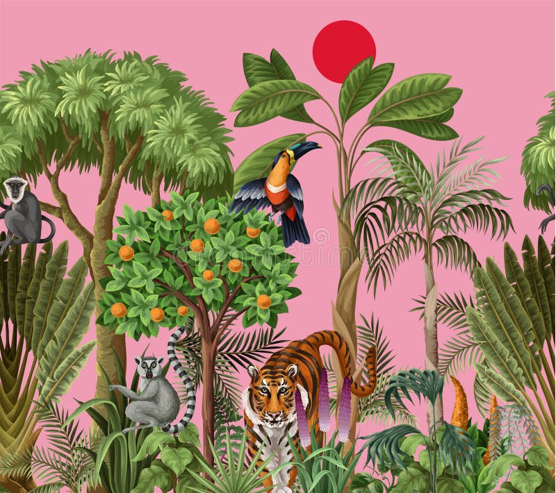 Landscape with Jungle Trees and Animals for Kids Wallpapers. Vector ...